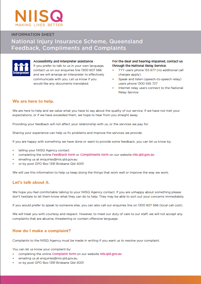 Information sheets – National Injury Insurance Scheme, Queensland